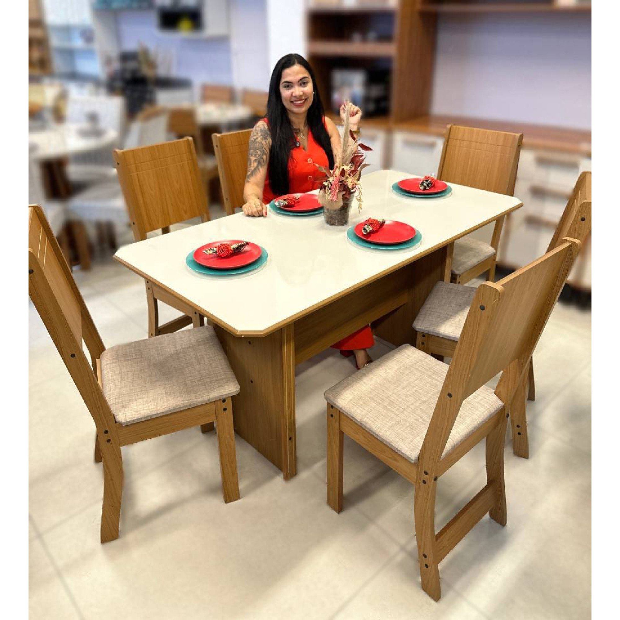 Conjunto Mesa de Jantar Evora 1,50cm c/ 6 Cadeiras Linho Bege - Freijó/Off white