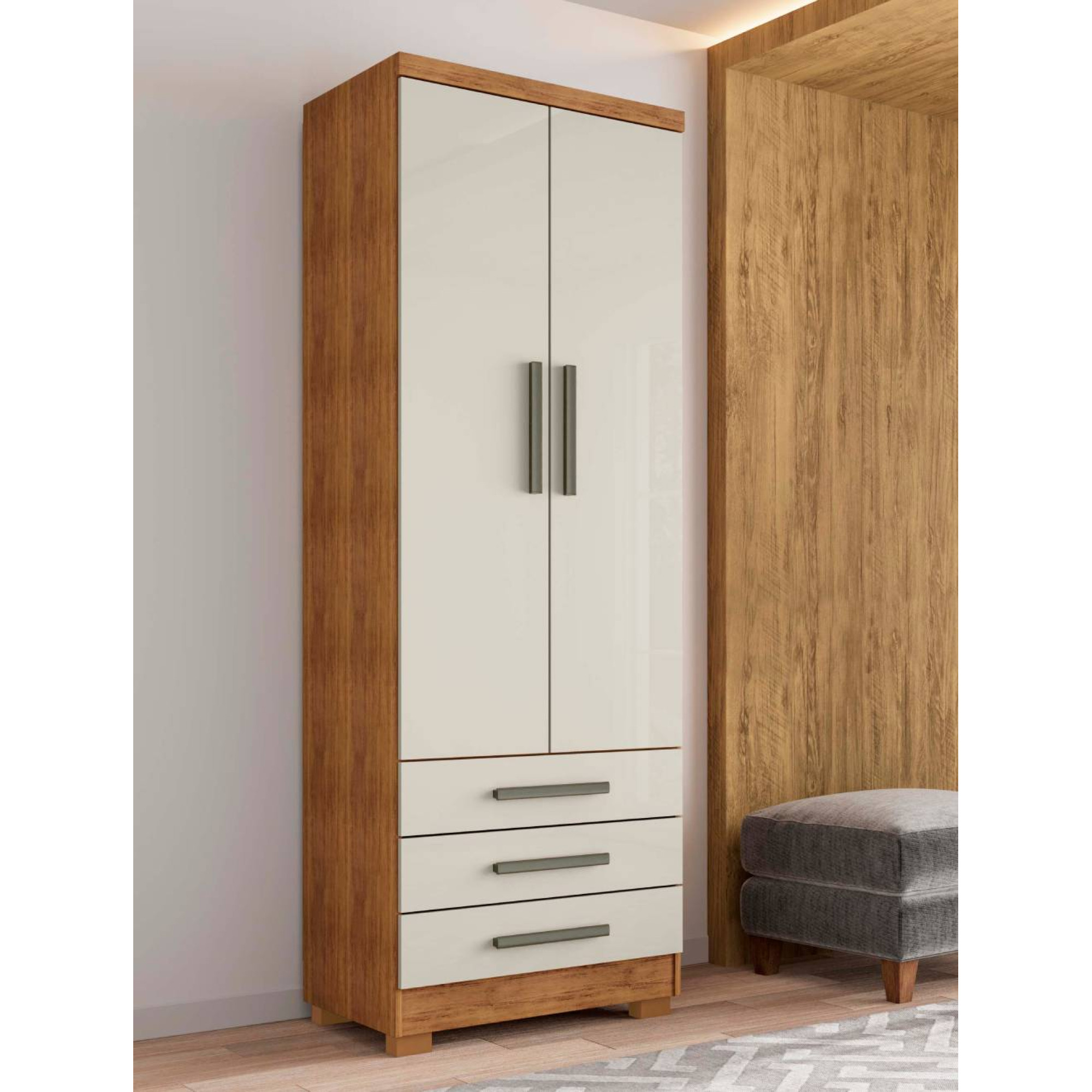Guarda Roupa Floripa Solteiro 2 Portas 3 Gavetas Rud Rack - Cedro /Off ...
