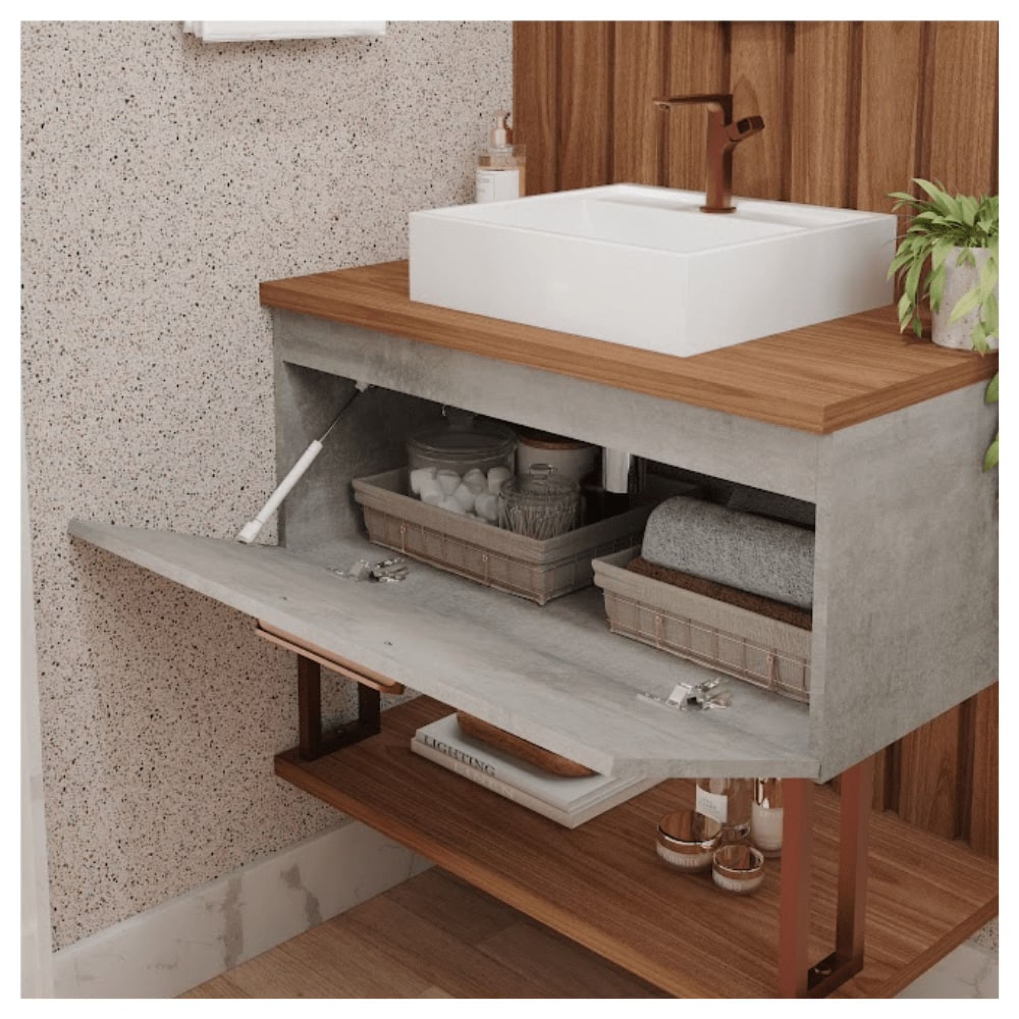 Armário de Banheiro Duna c/ Cuba+ Painel Ripado + Espelheira Lua ...